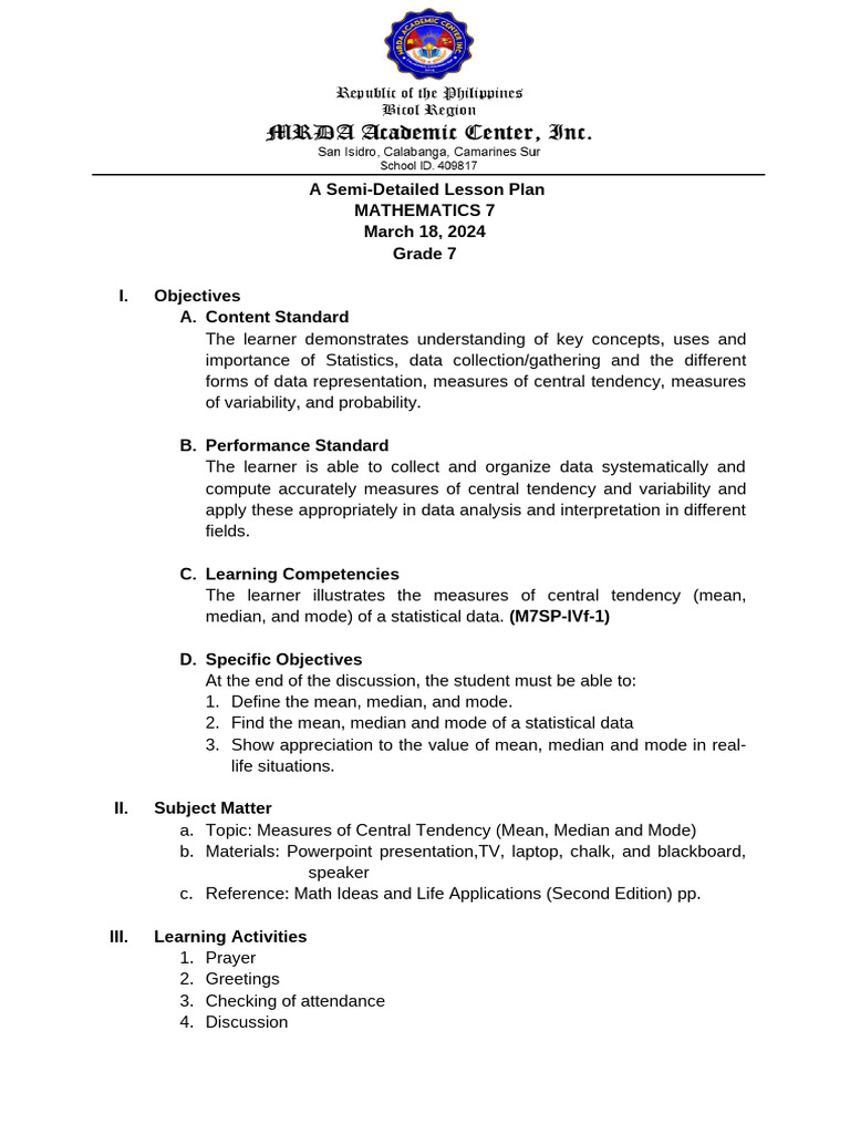 Lesson Plan: Central Tendency in Math | PDF | Mean | Statistics
