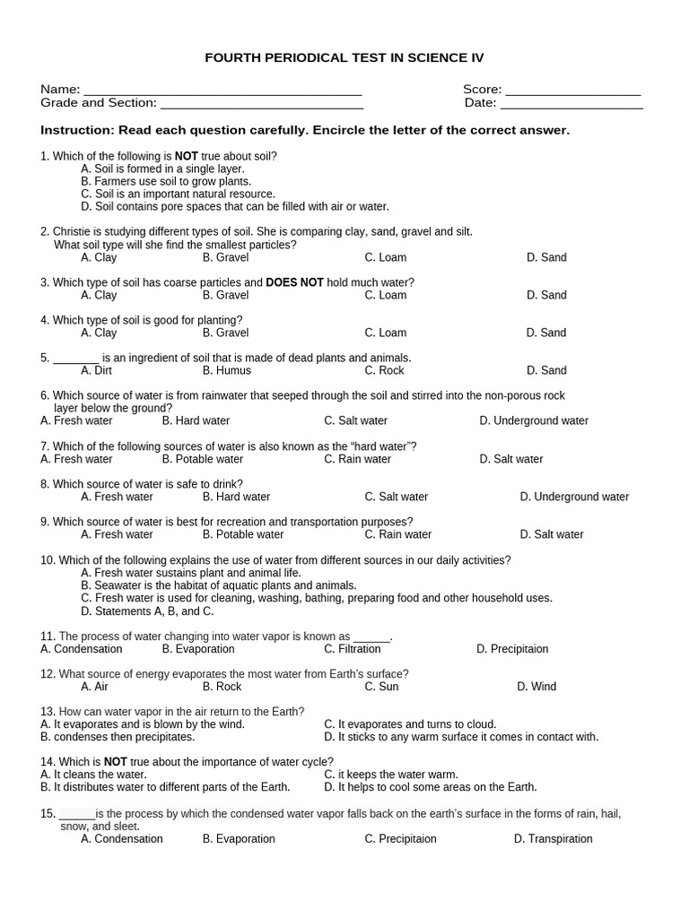 Science IV Fourth Periodical Test | PDF | Water | Soil