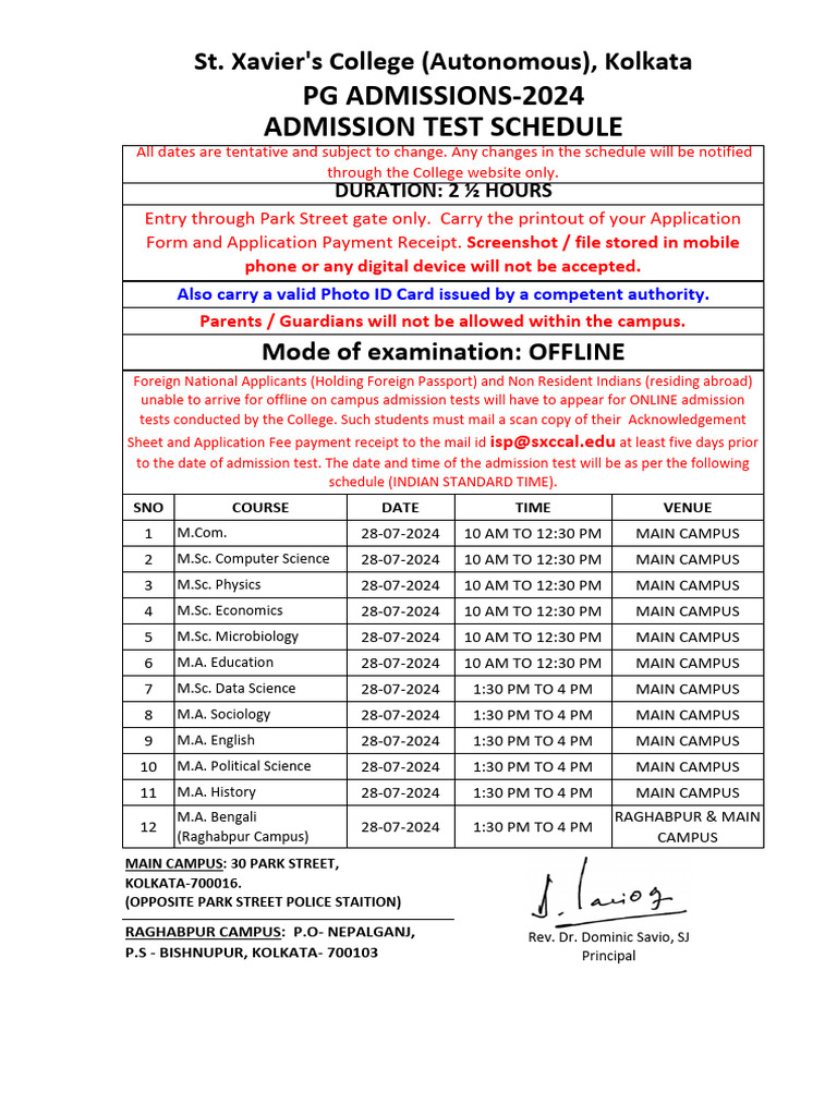 PG Admission Test Schedule 2024 | PDF