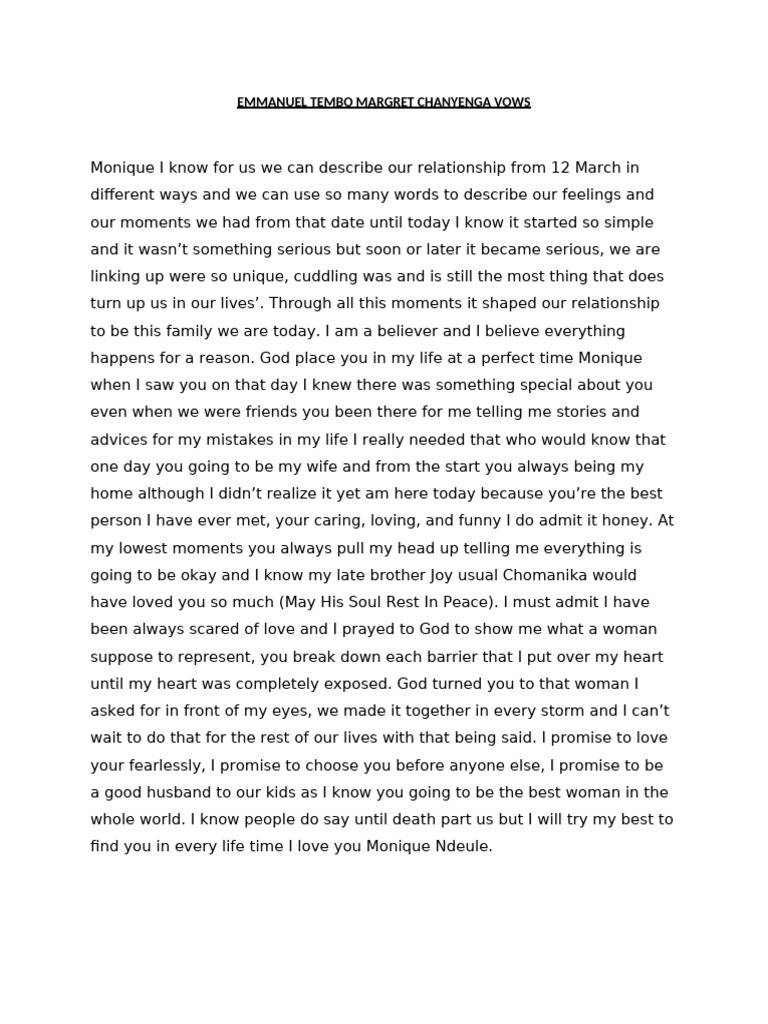 Emmanuel Tembo Margret Chanyenga Vows | PDF