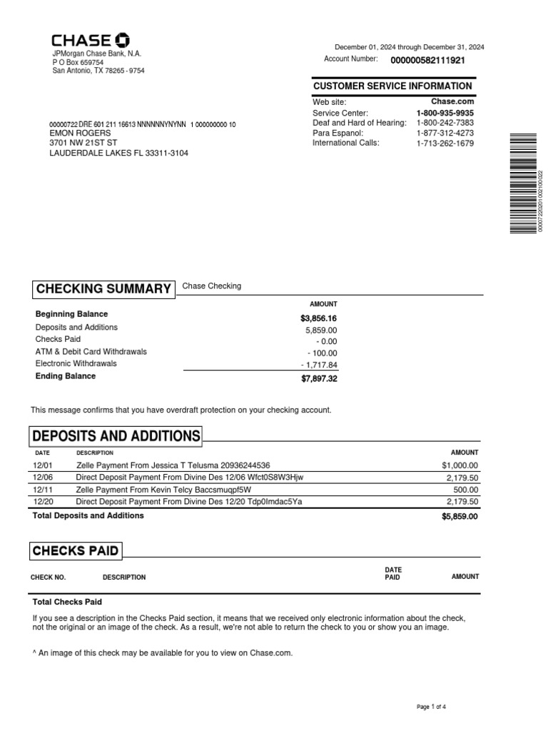 Chase December Bank Statement | PDF | Cheque | Deposit Account