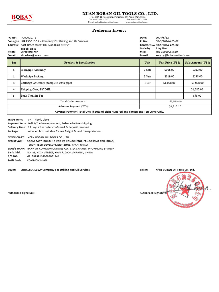 Balance PI No. BB S2024-425-02 | PDF