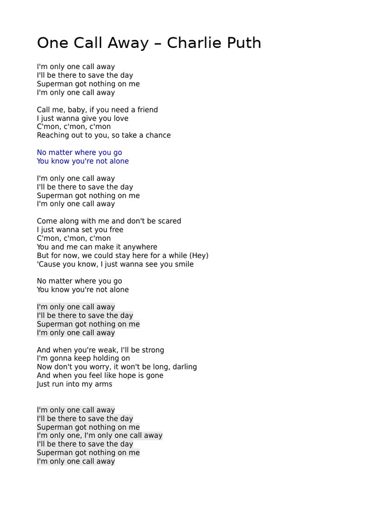 One Call Away by Charlie Puth Lyrics | PDF