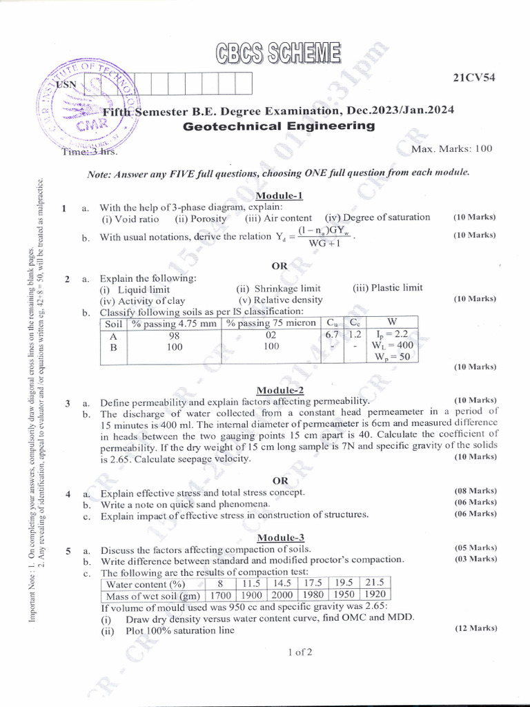 VTU Question Paper of 21CV54 Geotechnical Engineering Jan-Fab-2024 | PDF