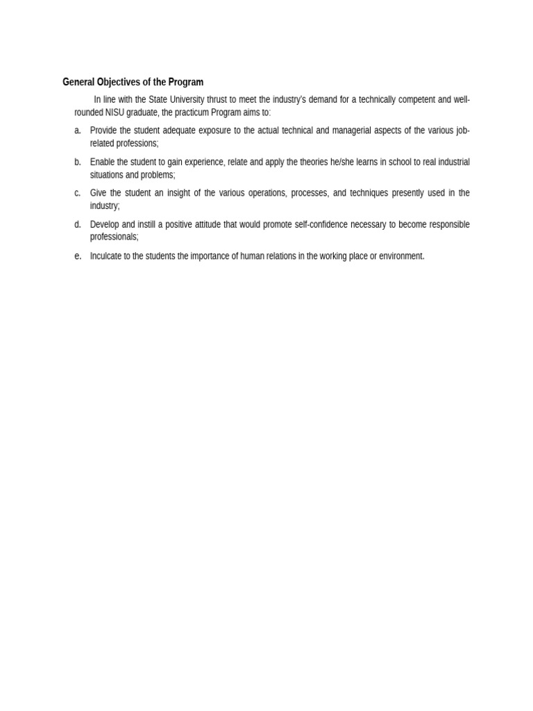 Practicum Program Objectives for NISU Graduates | PDF