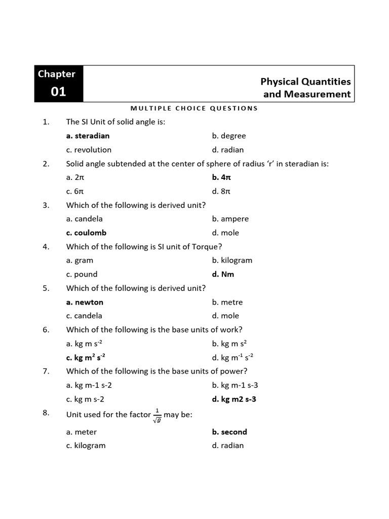 MCQs on Physical Quantities & Measurement | PDF | Torque | International System Of Units