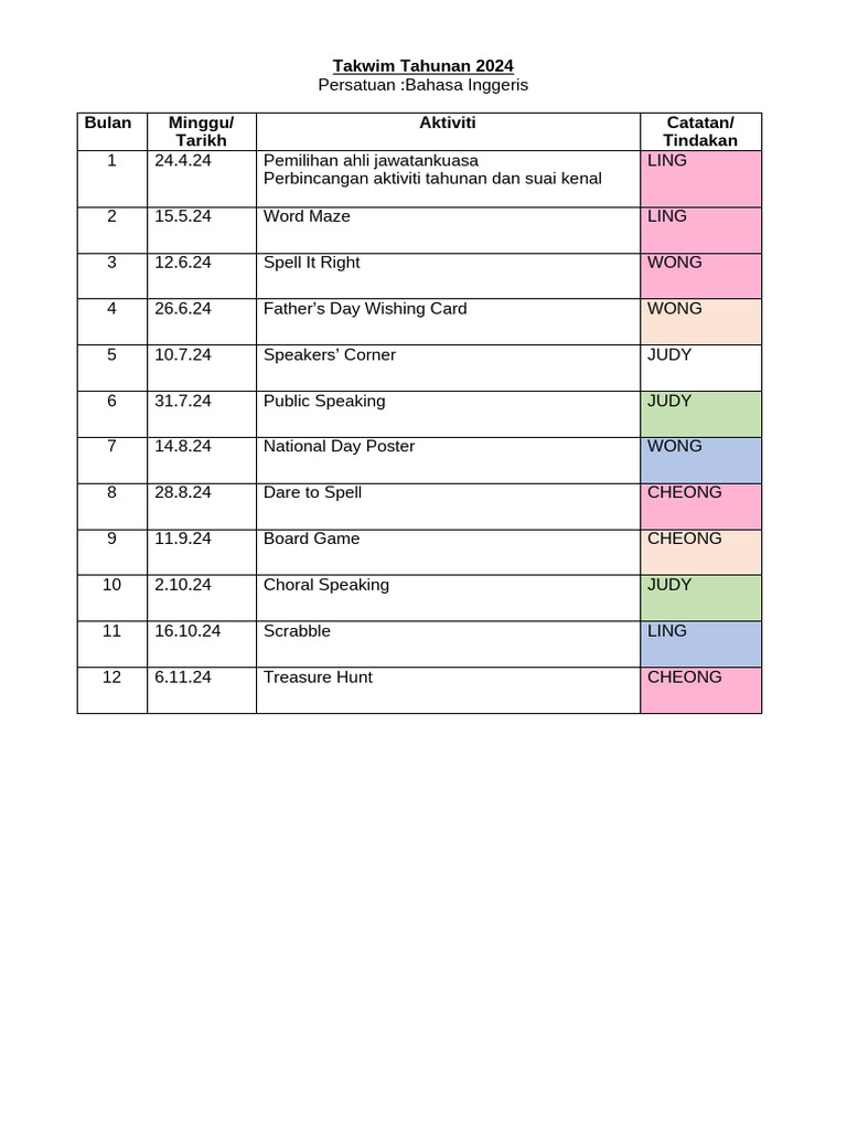 07 Takwim Tahunan Persatuan 2024 | PDF