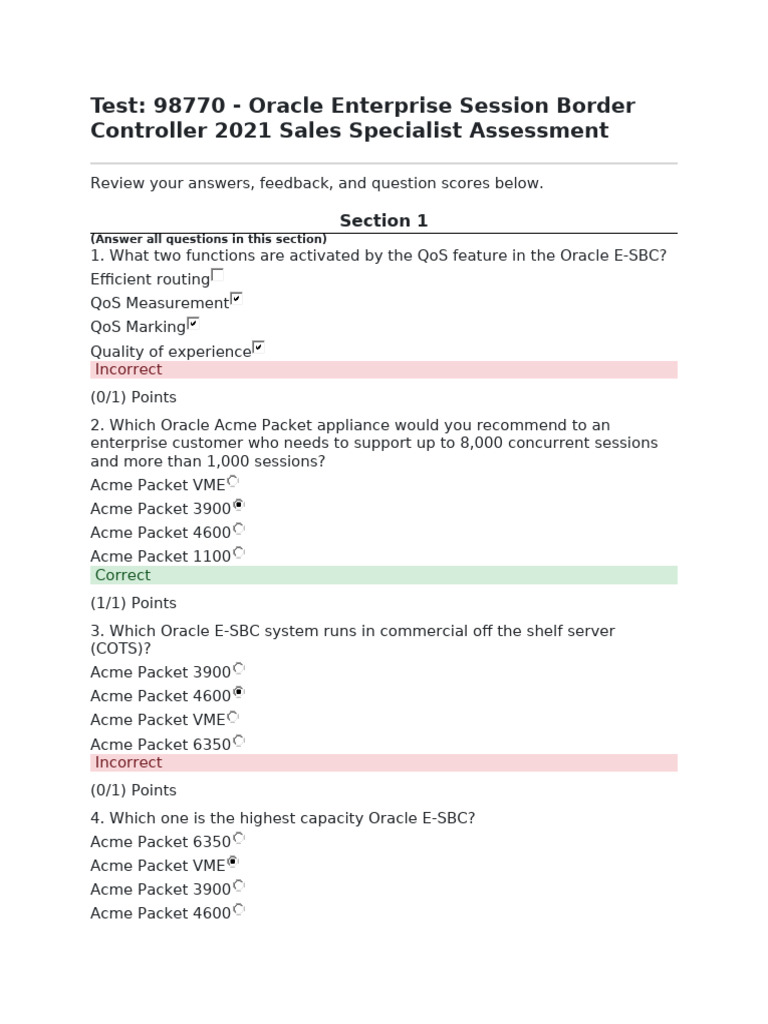 Oracle Enterprise Session Border Controller 2021 Sales Specialist Assessment - AsisDa | PDF ...