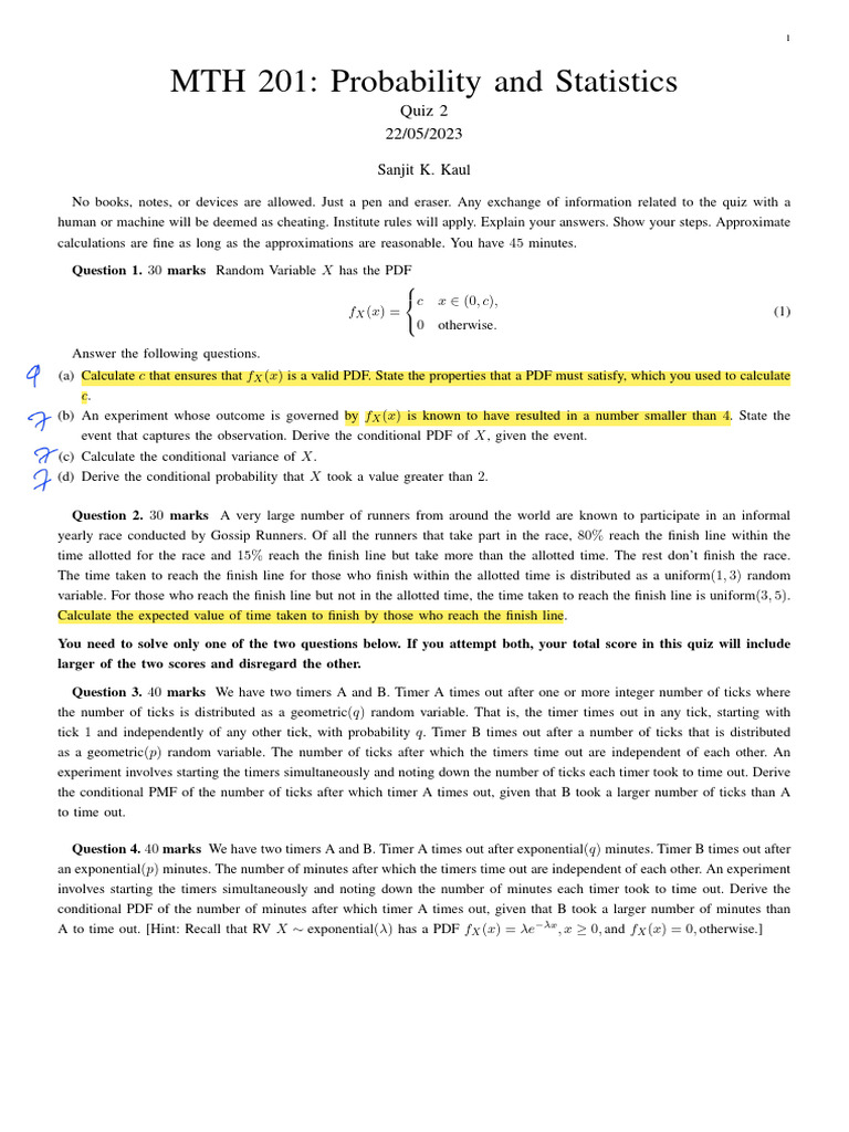 Quiz2_solved_rubric_230525_081735[1] | PDF | Probability Density Function | Random Variable