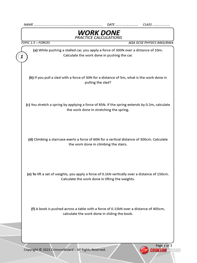 1.5 - Work Done - Practice Calculations | PDF | Force | Mechanics
