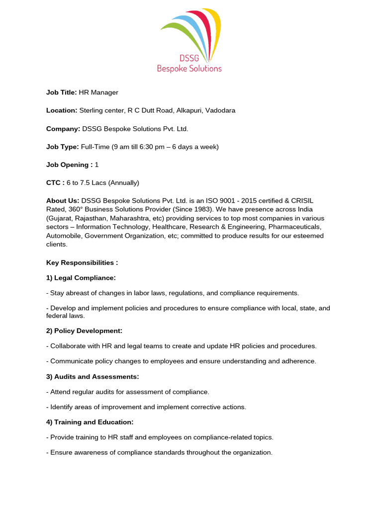 DSSG Bespoke Solutions Pvt. Ltd. - HR Manager JD | PDF | Regulatory ...