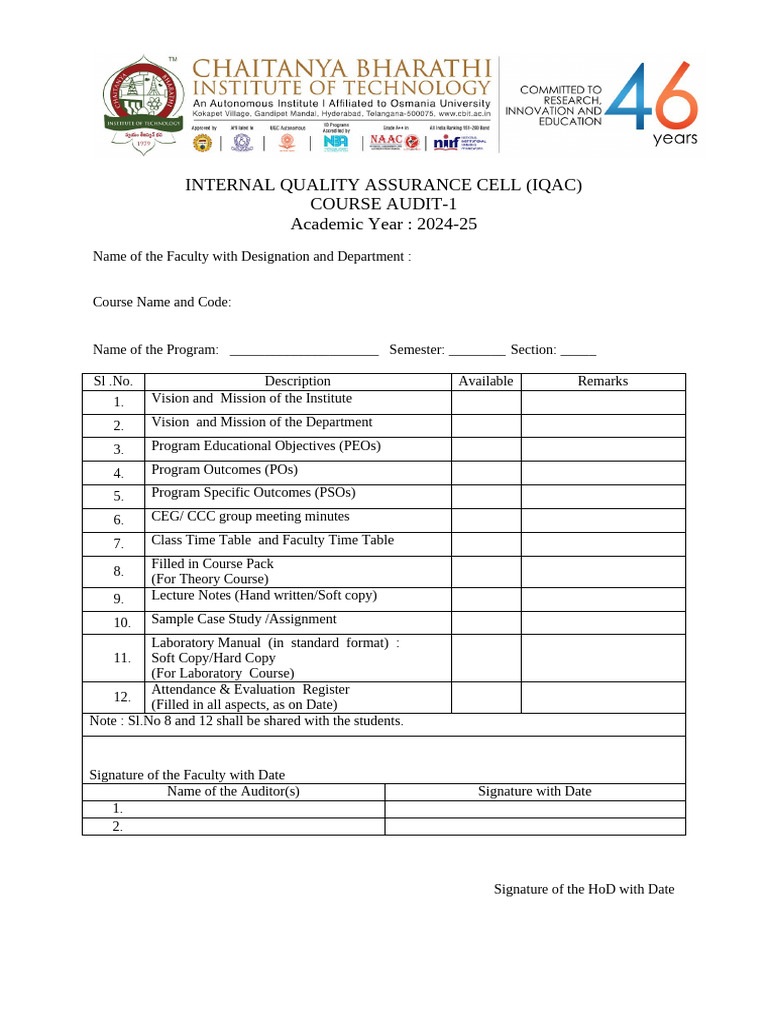 Course Audit 1 Overview 2024-25 | PDF