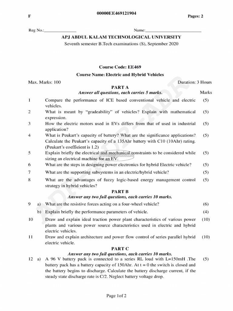 Electric and Hybrid Vehicles Ee 469 2020 September | PDF