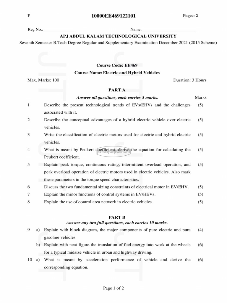 Electric and Hybrid Vehicles Ee 469 2021 December | PDF