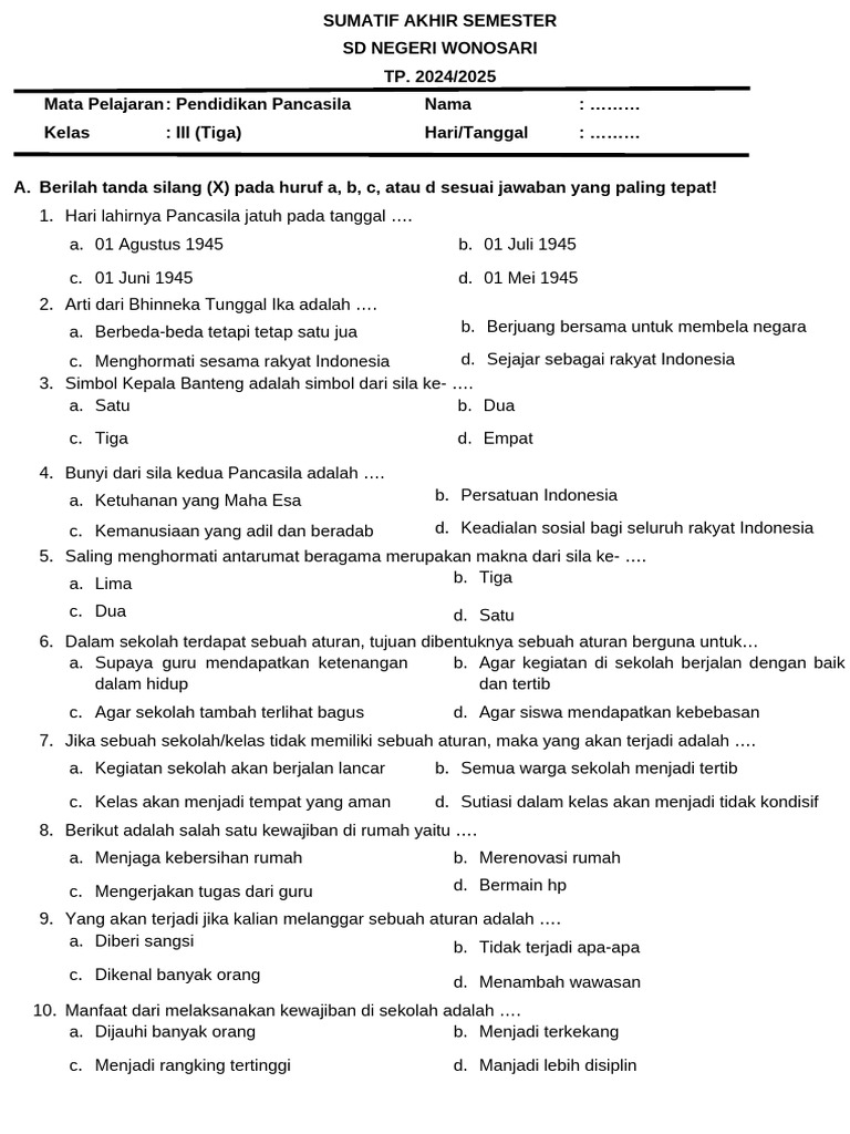 SOAL SAS PENDIDIKAN PANCASILA - SMT 1 24.25 | PDF