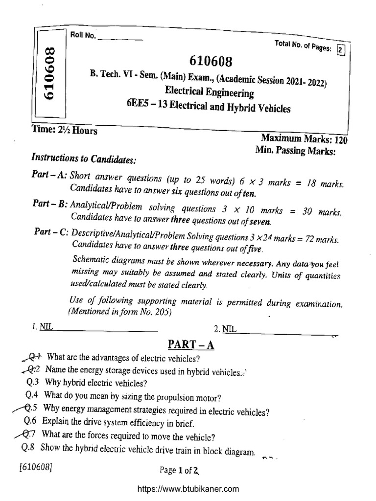 RTU Btech Ee 6 Sem Electrical and Hybrid Vehicles 610608 2022 | PDF