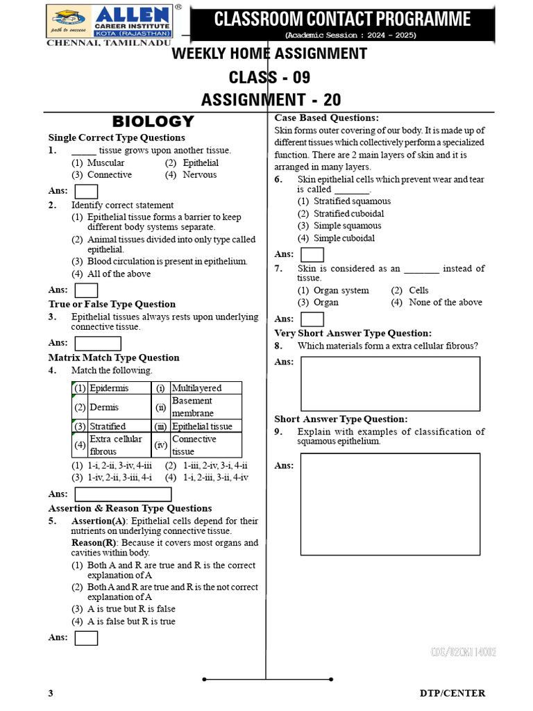 Class 9 Biology Weekly Assignment on Tissues | PDF | Epithelium ...
