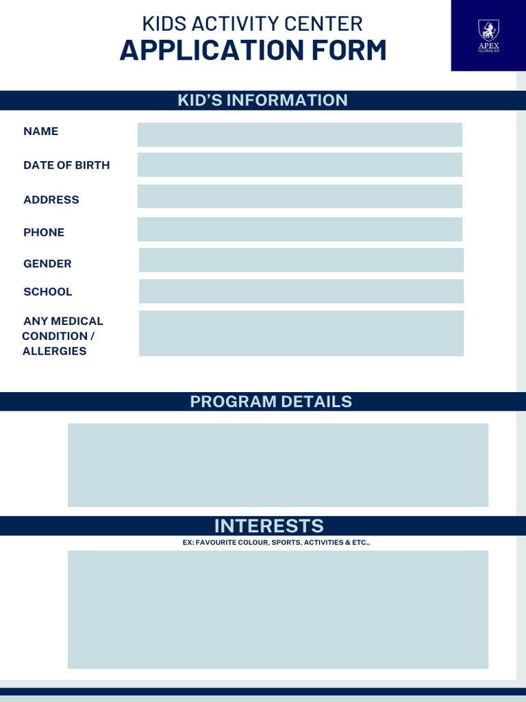 Kids Activity Center Application Form | PDF