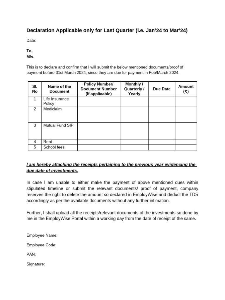 Last Quarter Payment Declaration Form | PDF