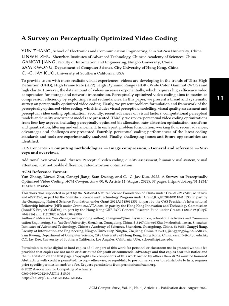 A Survey On Perceptually Optimized Video Coding | PDF | Contrast (Vision) | Visual Acuity