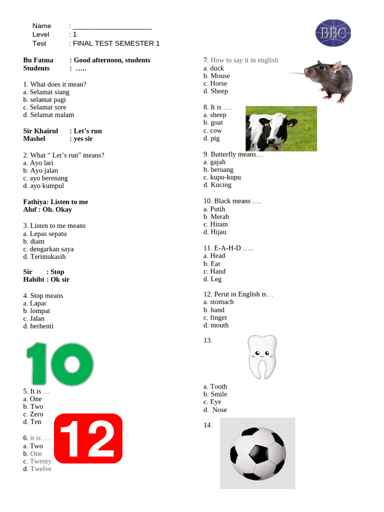 Final Test Level 1 English Exam | PDF