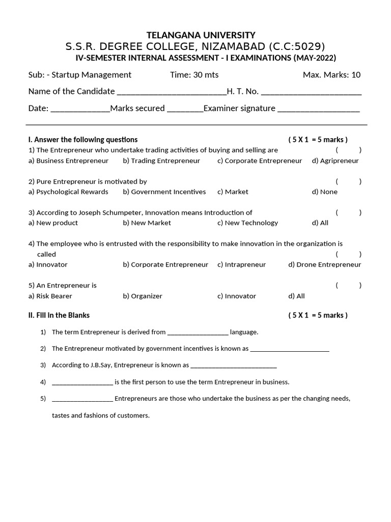 Startup Management Exam - Telangana University | PDF