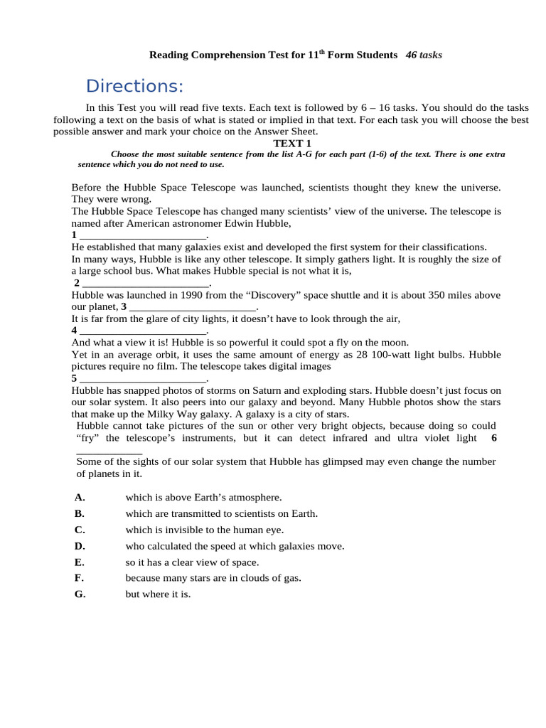 Grade 11 Reading Comprehension Test | PDF | Hubble Space Telescope | Galaxy