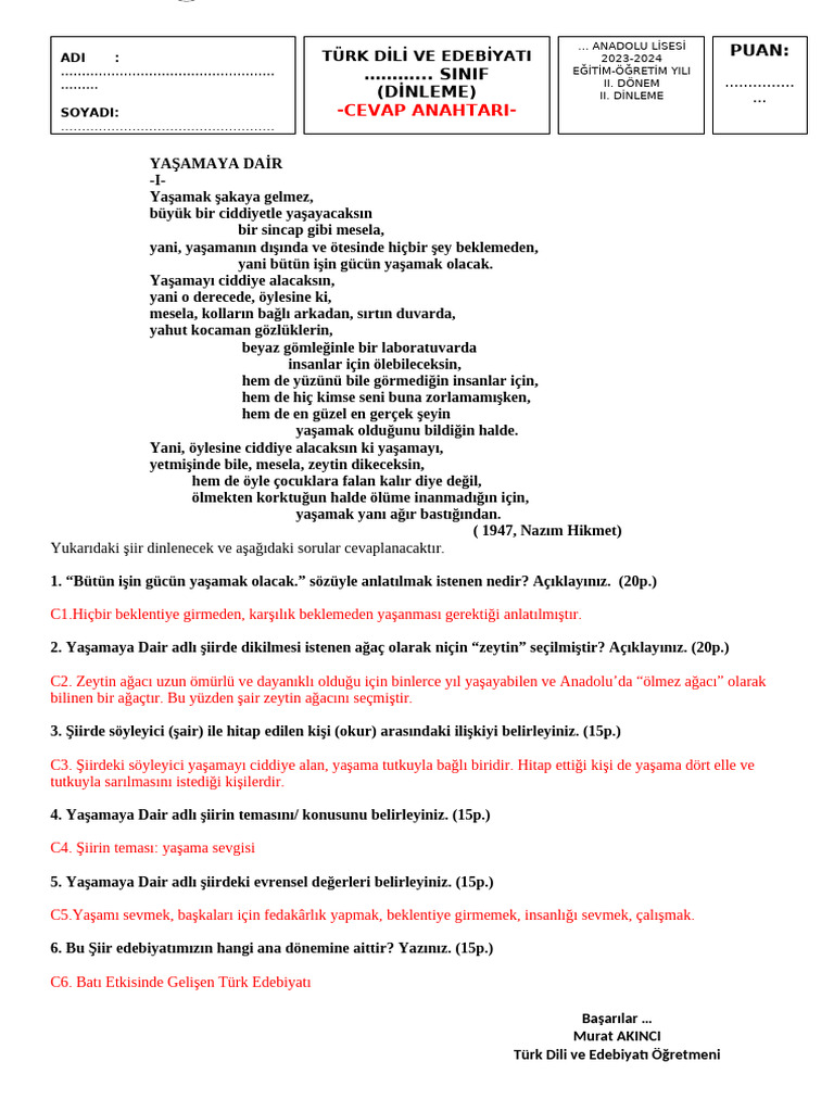 2023 2024 9 10 11 12 TDE 2.2 Dinleme Sinavi CEVAP | PDF