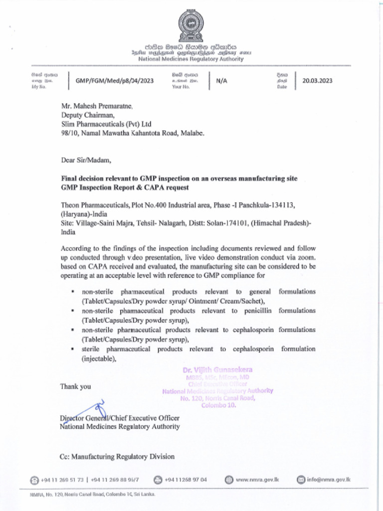 GMP Inspection Certificate | PDF