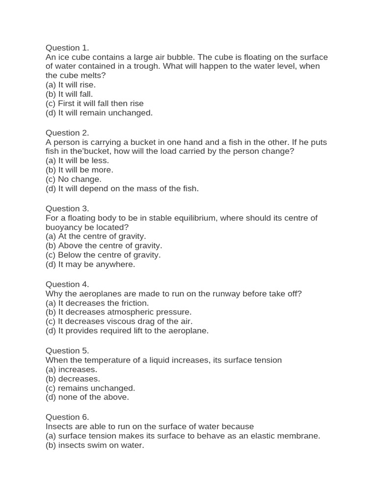 Question 1 | PDF | Buoyancy | Surface Tension