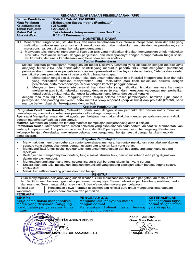 RPP Bing Peminatan Xi | PDF