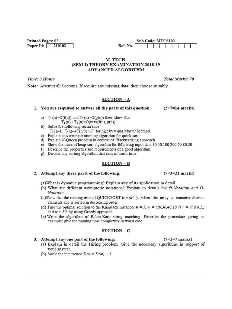 Sem Advanced Algorithm Mtcs102 2019 | PDF | Applied Mathematics | Algorithms