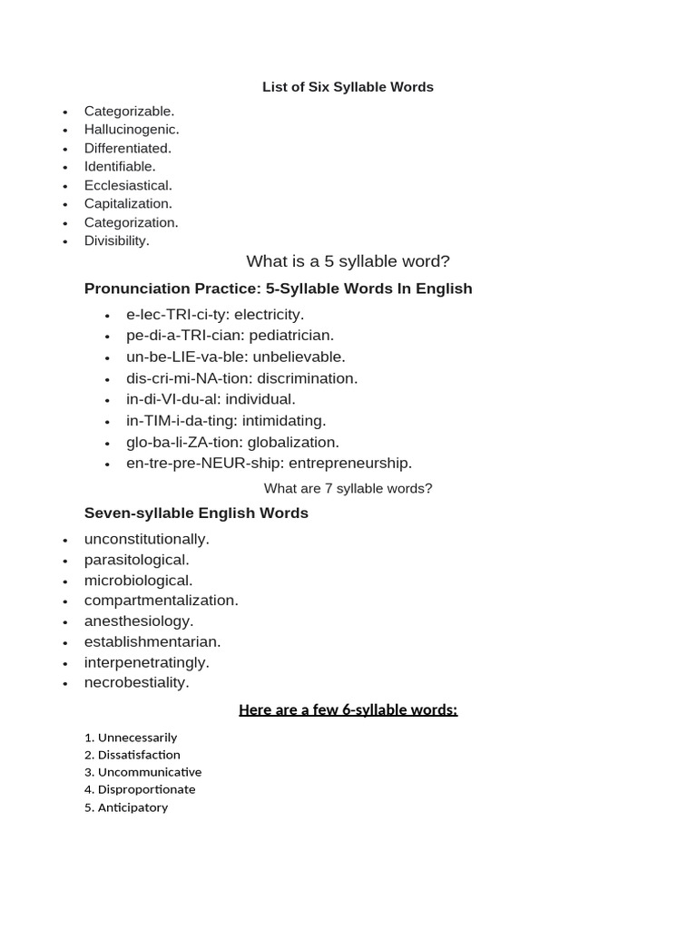 List of Six Syllable Words | PDF