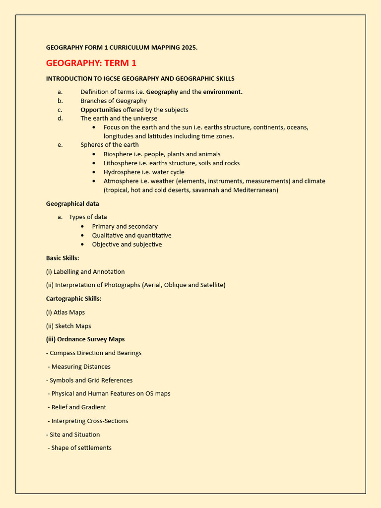 Geography Form 1 Curriculum Mapping 2025 | PDF