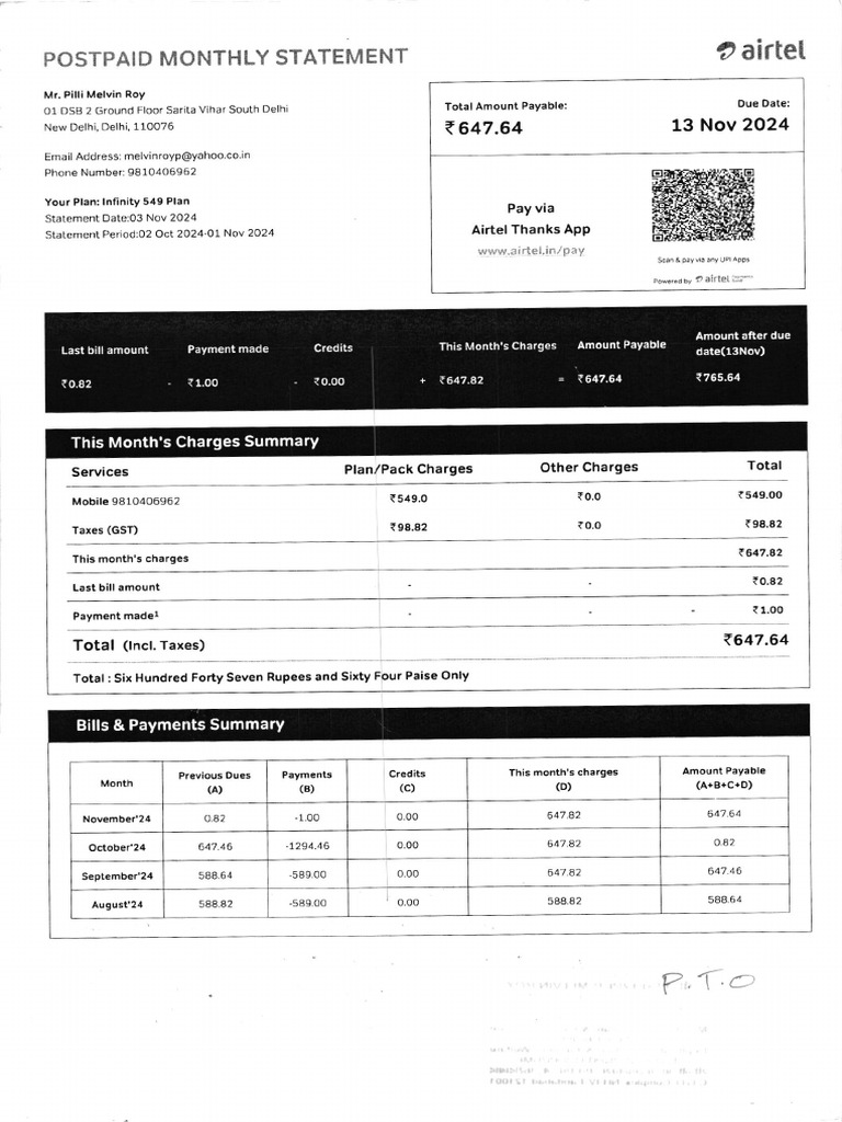 Airtel Postpaid Monthly Statement | PDF | Invoice