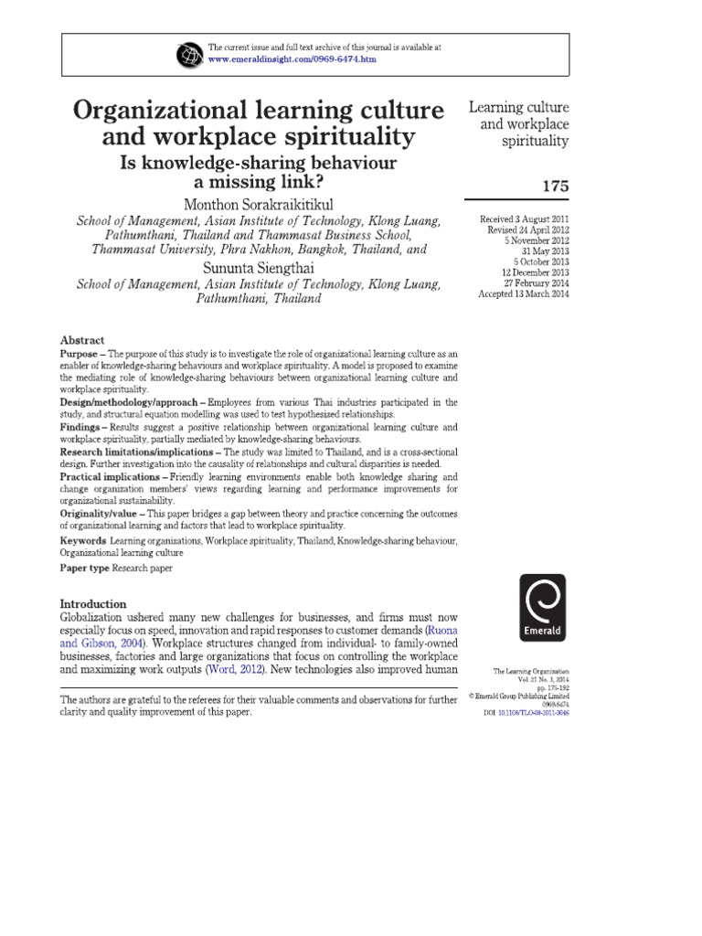 Organizational Learning Culture and Workplace Spirituality, Is Knowledge-Sharing Behaviour A ...