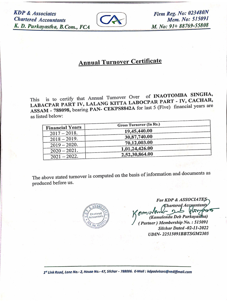 Annual Turnover Certificate | PDF