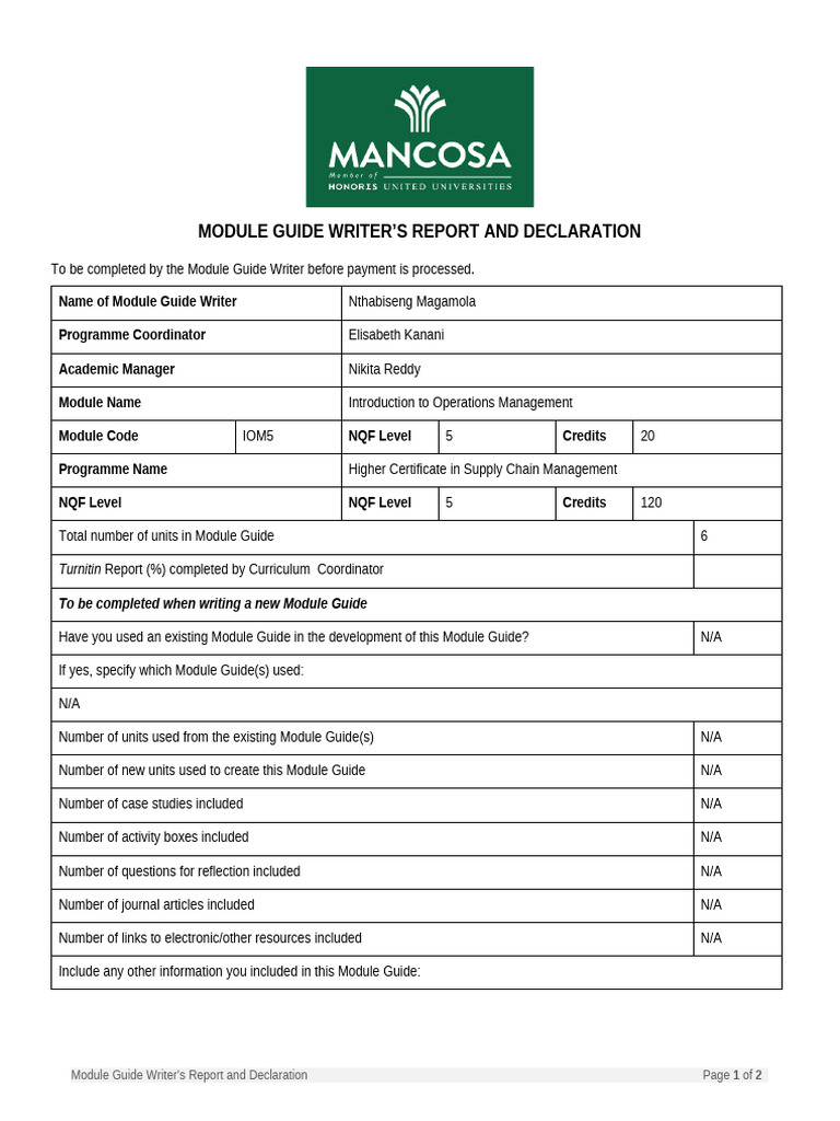 Module Guide Writers Report and Declaration_Introduction to Operations ...