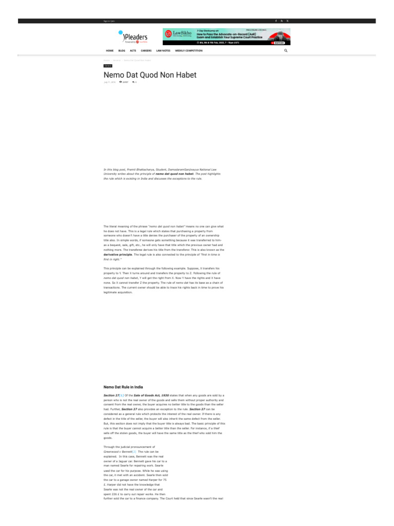 Blog Ipleaders in Nemo Dat Quod Non Habet | PDF | Law Of Agency | Estoppel