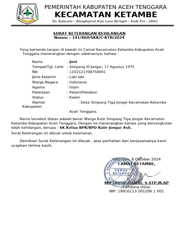Surat Kehilangan SK Ketua BPK/BPD | PDF