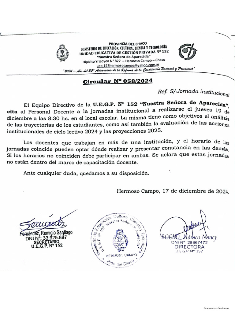 Circular #58-2024. Ref. Jornada Institucional | PDF