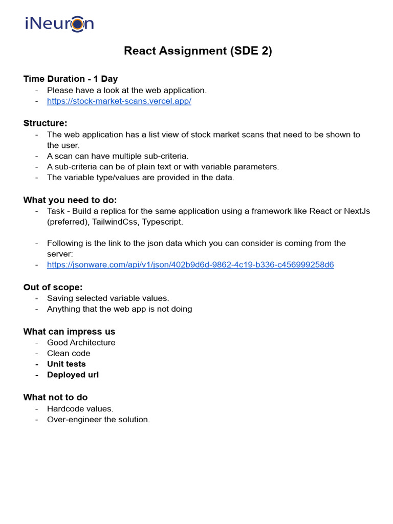 React Task for SDE 2 Candidates | PDF