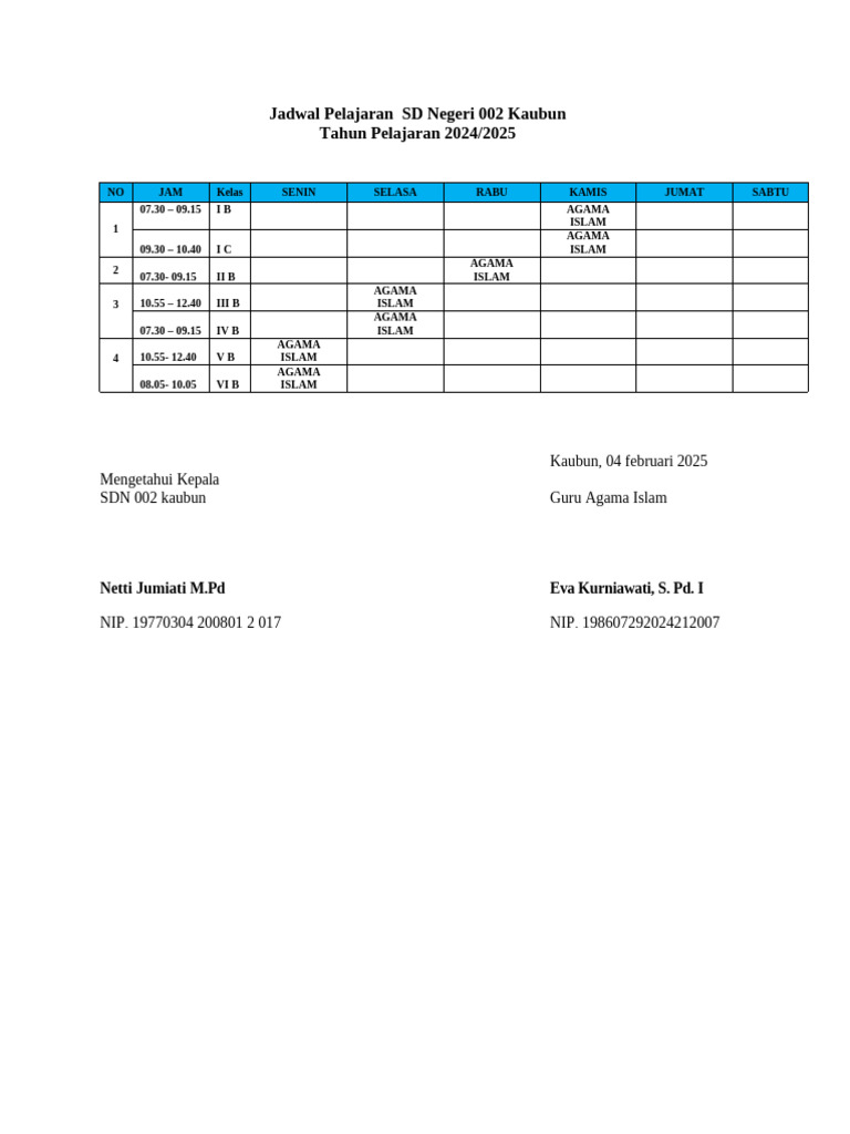 Jadwal Pelajaran SD Negeri 002 Kaubun | PDF