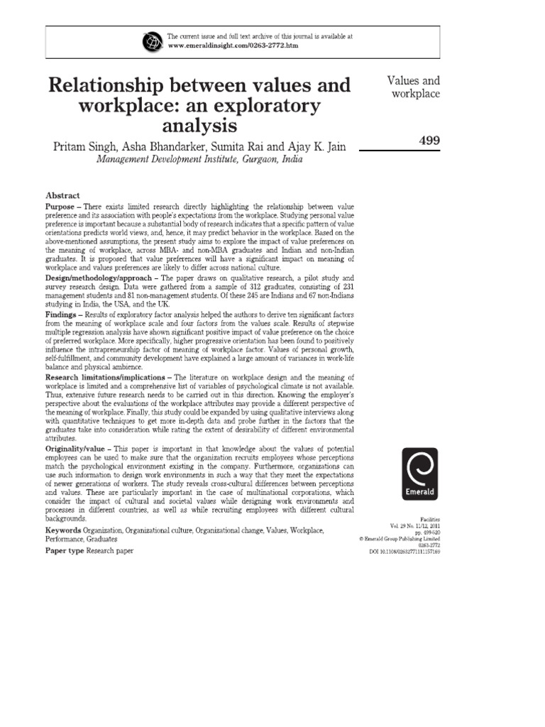 Relationship between values and workplace, an exploratory analysis | PDF
