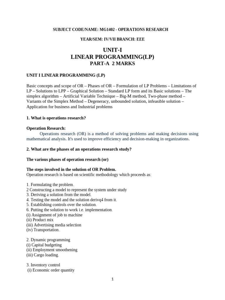 OOperations Research Unit 1,2,3 Two Marks | PDF | Linear Programming | Dynamic Programming