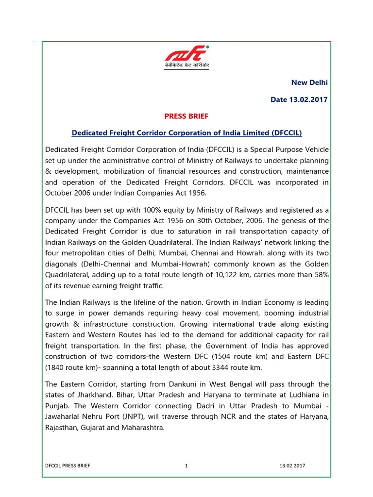 DFCCIL Press Release English 13-02-2017 | PDF | Transport | Rail Transport