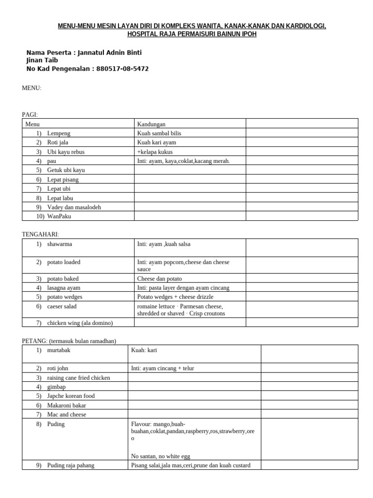 Menu Makanan Hospital Raja Permaisuri | PDF