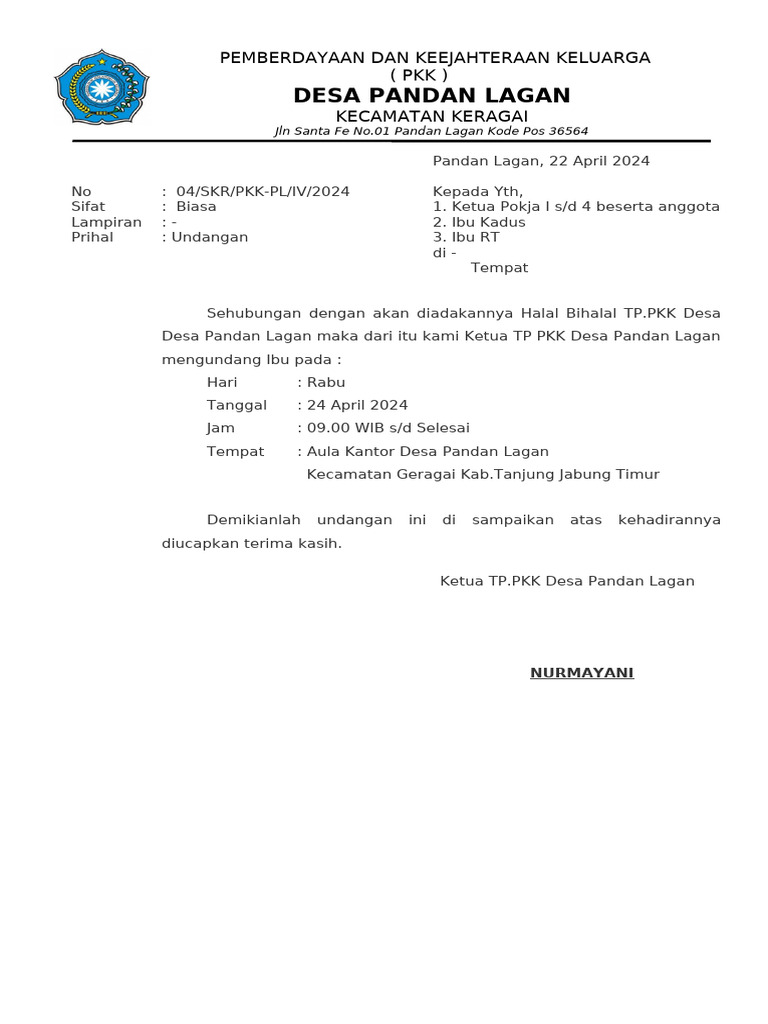 Undangan PKK Pandan Lagan 2024 | PDF