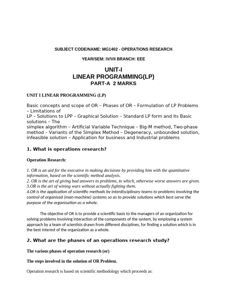 Operations Research Unit 1 and Unit 2 Two Marks | PDF | Linear ...