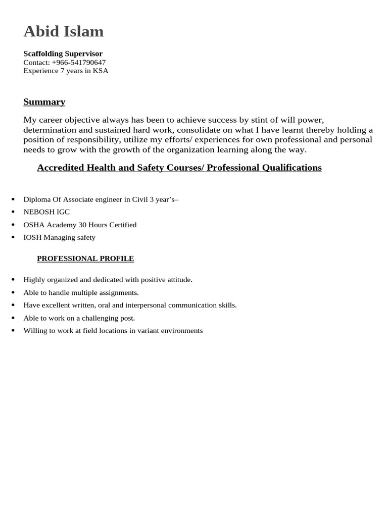 Abid Islam Scaffolding Supervisor CV | PDF | Safety | Occupational ...